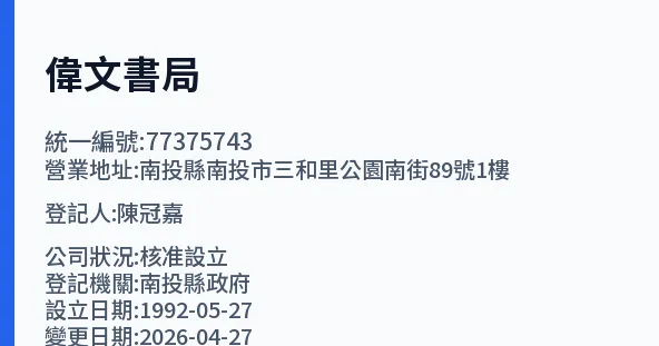 偉文書局的照片-統編 77375743(南投縣) 公司登記資料與營業項目詳細圖表