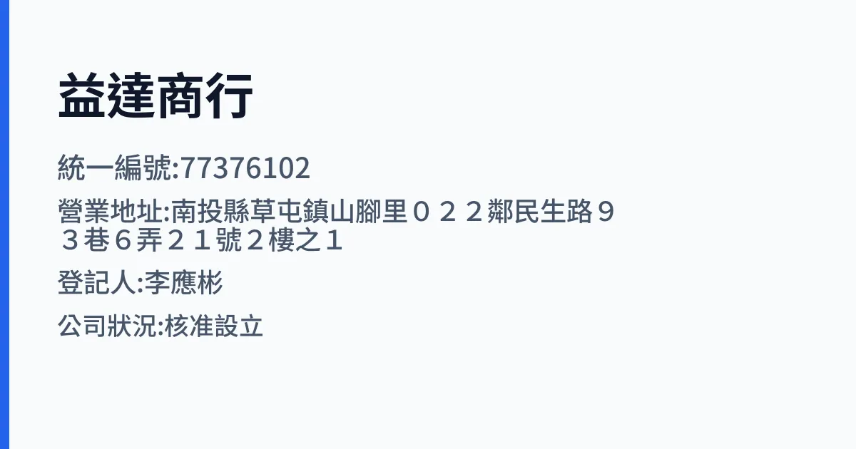 益達商行 - 統編 77376102(南投縣) 公司登記資料與營業項目詳細圖表