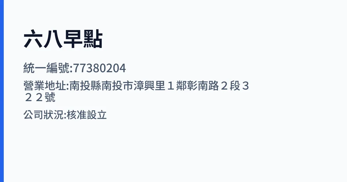 六八早點 - 統編 77380204(南投縣) 公司登記資料與營業項目詳細圖表