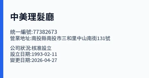 中美理髮廳的照片-統編 77382673(南投縣) 公司登記資料與營業項目詳細圖表