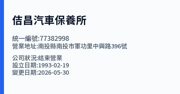 佶昌汽車保養所的照片-統編 77382998(南投縣) 公司登記資料與營業項目詳細圖表