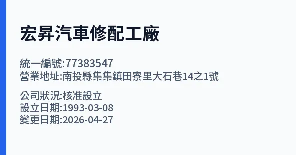 宏昇汽車修配工廠的照片-統編 77383547(南投縣) 公司登記資料與營業項目詳細圖表