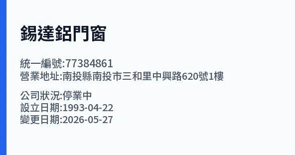 錫達鋁門窗的照片-統編 77384861(南投縣) 公司登記資料與營業項目詳細圖表