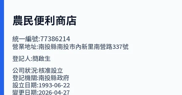 農民便利商店的照片-統編 77386214(南投縣) 公司登記資料與營業項目詳細圖表