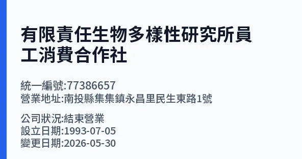 有限責任生物多樣性研究所員工消費合作社的照片-統編 77386657(南投縣) 公司登記資料與營業項目詳細圖表