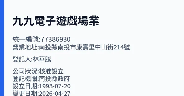 九九電子遊戲場業的照片-統編 77386930(南投縣) 公司登記資料與營業項目詳細圖表
