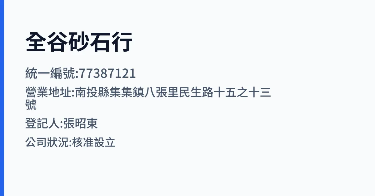 全谷砂石行 - 統編 77387121(南投縣) 公司登記資料與營業項目詳細圖表