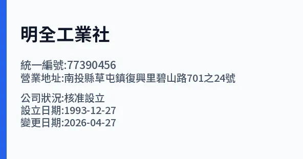 明全工業社的照片-統編 77390456(南投縣) 公司登記資料與營業項目詳細圖表