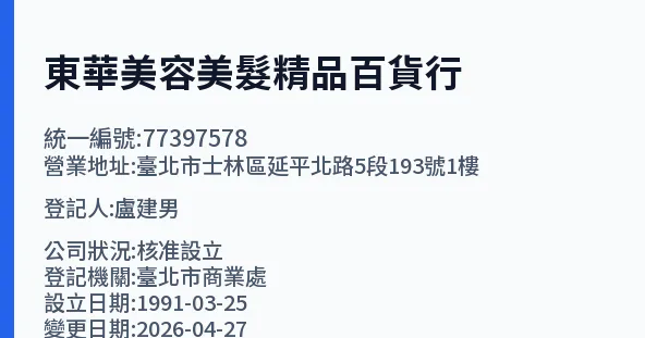 東華美容美髮精品百貨行的照片-統編 77397578(臺北市) 公司登記資料與營業項目詳細圖表