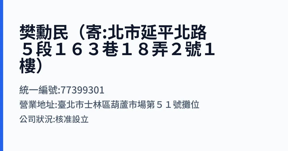 樊勳民（寄:北市延平北路５段１６３巷１８弄２號１樓） - 統編 77399301(臺北市) 公司登記資料與營業項目詳細圖表