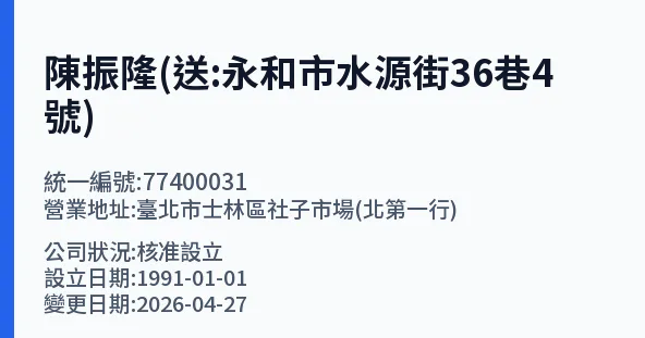 陳振隆(送:永和市水源街36巷4號)的照片-統編 77400031(臺北市) 公司登記資料與營業項目詳細圖表