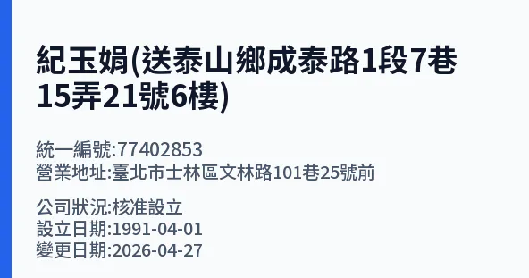 紀玉娟(送泰山鄉成泰路1段7巷15弄21號6樓)的照片-統編 77402853(臺北市) 公司登記資料與營業項目詳細圖表