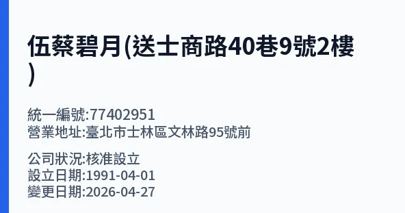 伍蔡碧月(送士商路40巷9號2樓)的照片-統編 77402951(臺北市) 公司登記資料與營業項目詳細圖表