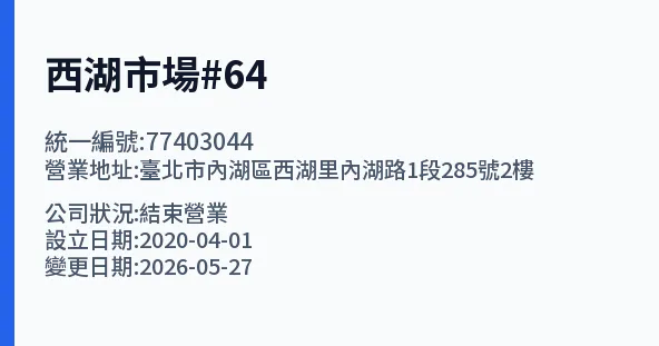 西湖市場#64的照片-統編 77403044(臺北市) 公司登記資料與營業項目詳細圖表