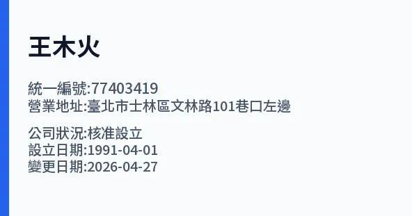 王木火的照片-統編 77403419(臺北市) 公司登記資料與營業項目詳細圖表