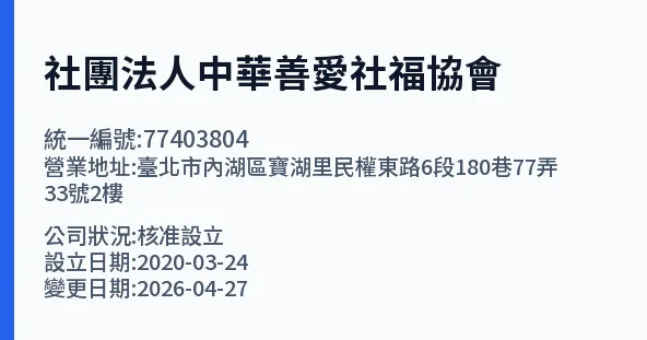 社團法人中華善愛社福協會的照片-統編 77403804(臺北市) 公司登記資料與營業項目詳細圖表