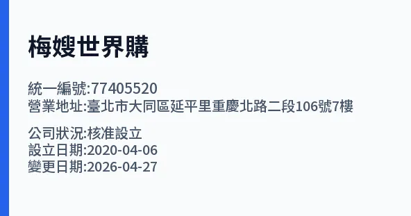 梅嫂世界購的照片-統編 77405520(臺北市) 公司登記資料與營業項目詳細圖表