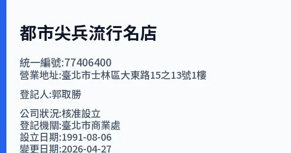 都市尖兵流行名店的照片-統編 77406400(臺北市) 公司登記資料與營業項目詳細圖表