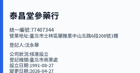 泰昌堂參藥行的照片-統編 77407344(臺北市) 公司登記資料與營業項目詳細圖表