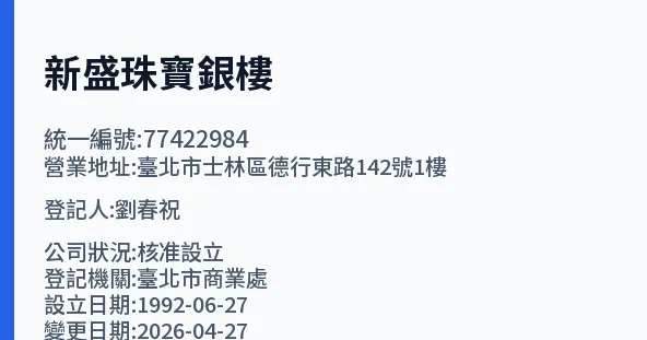新盛珠寶銀樓的照片-統編 77422984(臺北市) 公司登記資料與營業項目詳細圖表