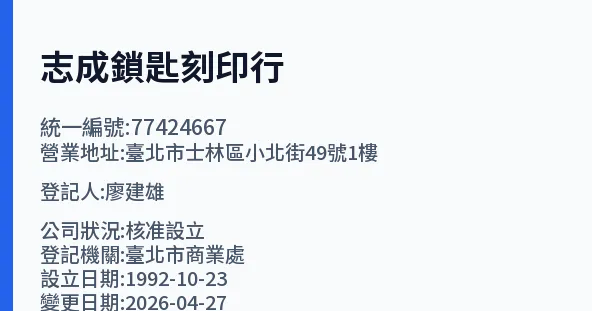 志成鎖匙刻印行的照片-統編 77424667(臺北市) 公司登記資料與營業項目詳細圖表