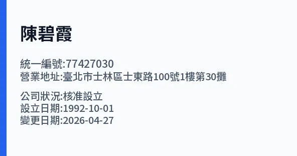 陳碧霞的照片-統編 77427030(臺北市) 公司登記資料與營業項目詳細圖表