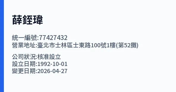 薛銍瑋的照片-統編 77427432(臺北市) 公司登記資料與營業項目詳細圖表