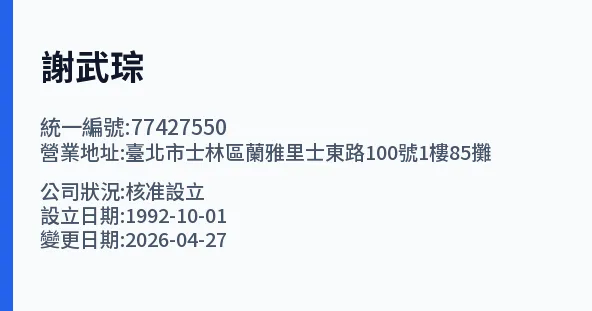 謝武琮的照片-統編 77427550(臺北市) 公司登記資料與營業項目詳細圖表