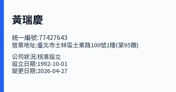 黃瑞慶的照片-統編 77427643(臺北市) 公司登記資料與營業項目詳細圖表