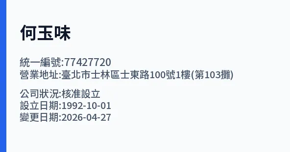何玉味的照片-統編 77427720(臺北市) 公司登記資料與營業項目詳細圖表