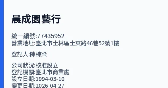 晨成園藝行的照片-統編 77435952(臺北市) 公司登記資料與營業項目詳細圖表