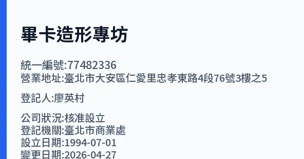 畢卡造形專坊的照片-統編 77482336(臺北市) 公司登記資料與營業項目詳細圖表