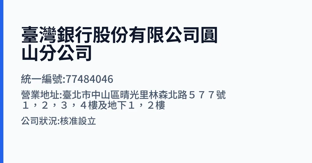 臺灣銀行股份有限公司圓山分公司 - 統編 77484046(臺北市) 公司登記資料與營業項目詳細圖表