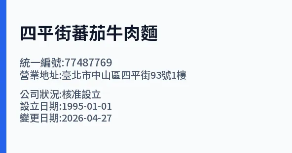 四平街蕃茄牛肉麵的照片-統編 77487769(臺北市) 公司登記資料與營業項目詳細圖表
