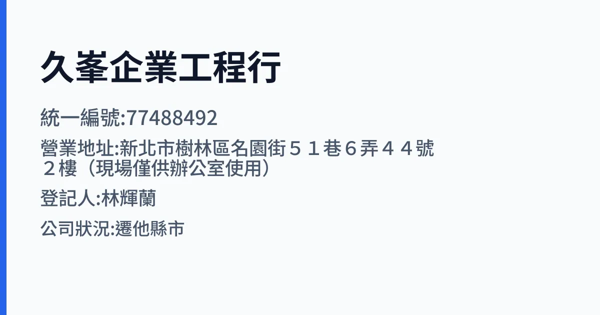久峯企業工程行 - 統編 77488492(苗栗縣) 公司登記資料與營業項目詳細圖表