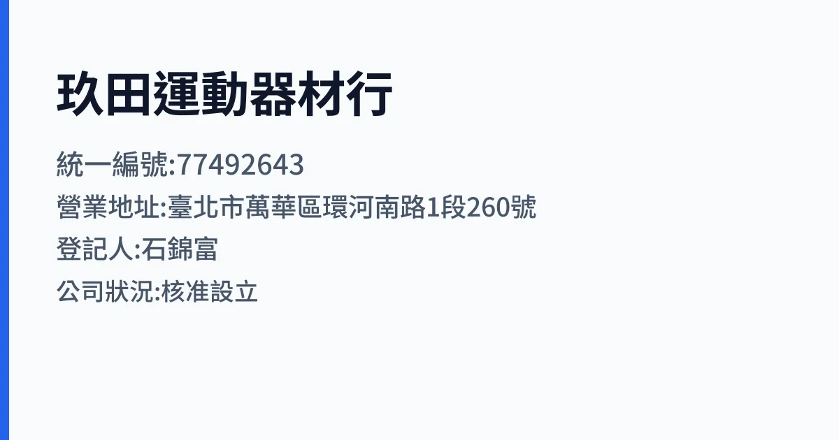 玖田運動器材行 - 統編 77492643(臺北市) 公司登記資料與營業項目詳細圖表