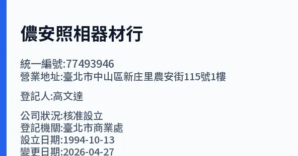 儂安照相器材行的照片-統編 77493946(臺北市) 公司登記資料與營業項目詳細圖表