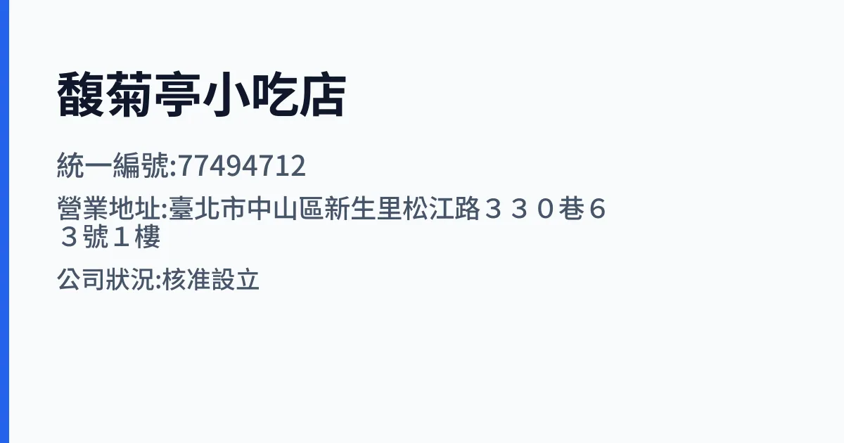 馥菊亭小吃店 - 統編 77494712(臺北市) 公司登記資料與營業項目詳細圖表
