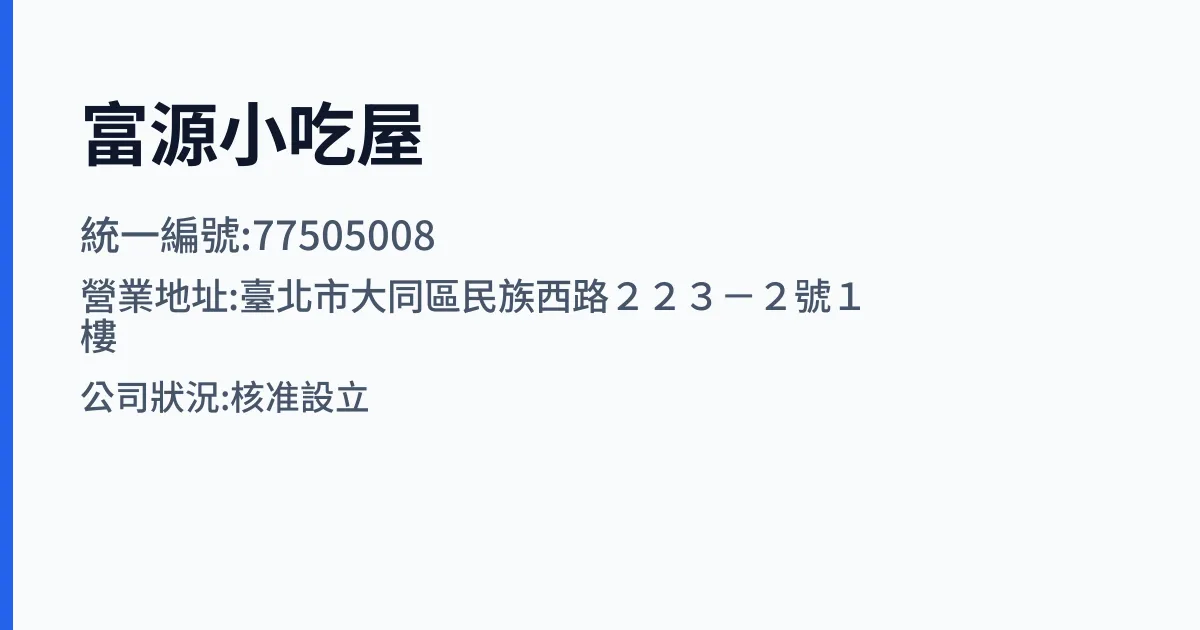 富源小吃屋 - 統編 77505008(臺北市) 公司登記資料與營業項目詳細圖表