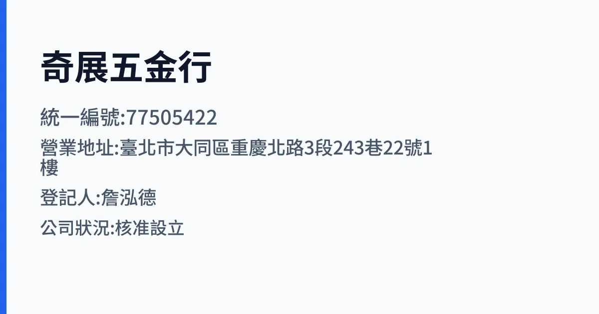 奇展五金行 - 統編 77505422(臺北市) 公司登記資料與營業項目詳細圖表