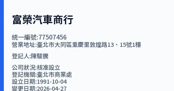 富榮汽車商行的照片-統編 77507456(臺北市) 公司登記資料與營業項目詳細圖表