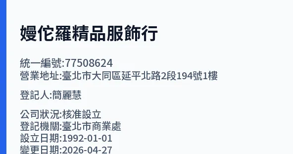 嫚佗羅精品服飾行的照片-統編 77508624(臺北市) 公司登記資料與營業項目詳細圖表