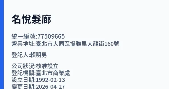 名悅髮廊的照片-統編 77509665(臺北市) 公司登記資料與營業項目詳細圖表