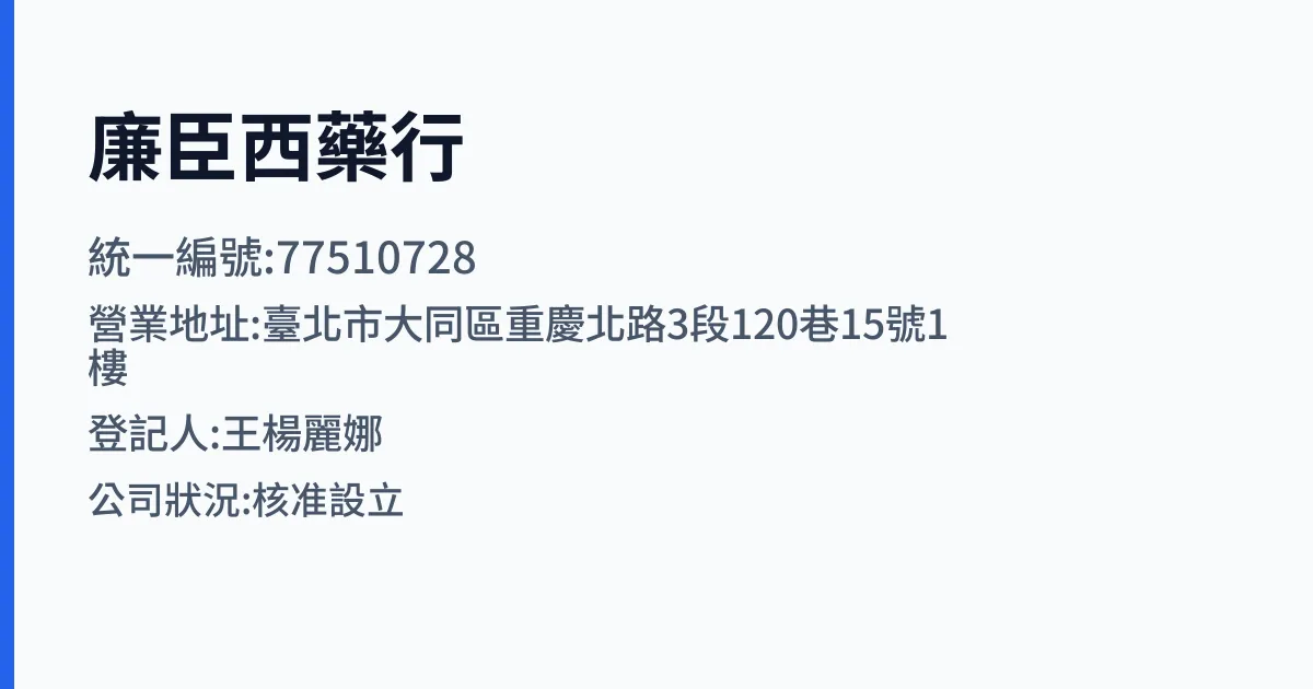 廉臣西藥行 - 統編 77510728(臺北市) 公司登記資料與營業項目詳細圖表