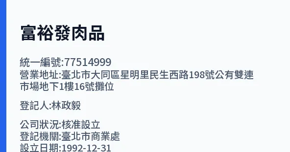 富裕發肉品的照片-統編 77514999(臺北市) 公司登記資料與營業項目詳細圖表