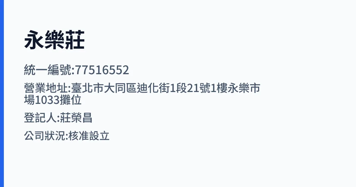 永樂莊 - 統編 77516552(臺北市) 公司登記資料與營業項目詳細圖表