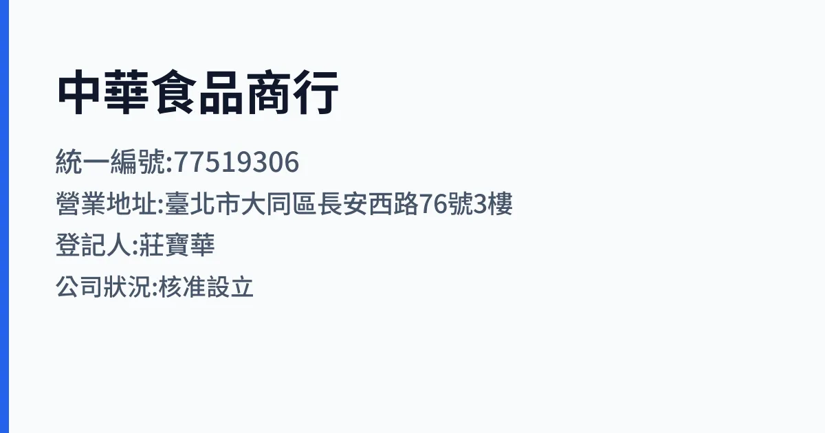 中華食品商行 - 統編 77519306(臺北市) 公司登記資料與營業項目詳細圖表