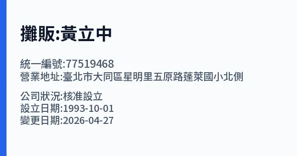 攤販:黃立中的照片-統編 77519468(臺北市) 公司登記資料與營業項目詳細圖表