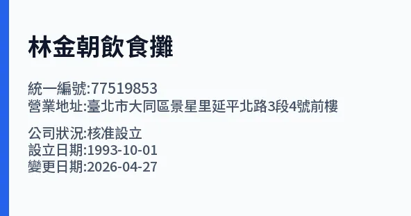 林金朝飲食攤的照片-統編 77519853(臺北市) 公司登記資料與營業項目詳細圖表