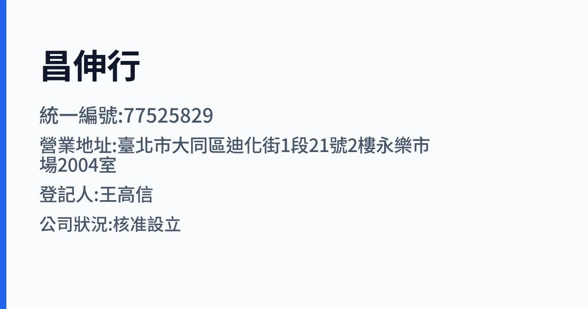 昌伸行 - 統編 77525829(臺北市) 公司登記資料與營業項目詳細圖表